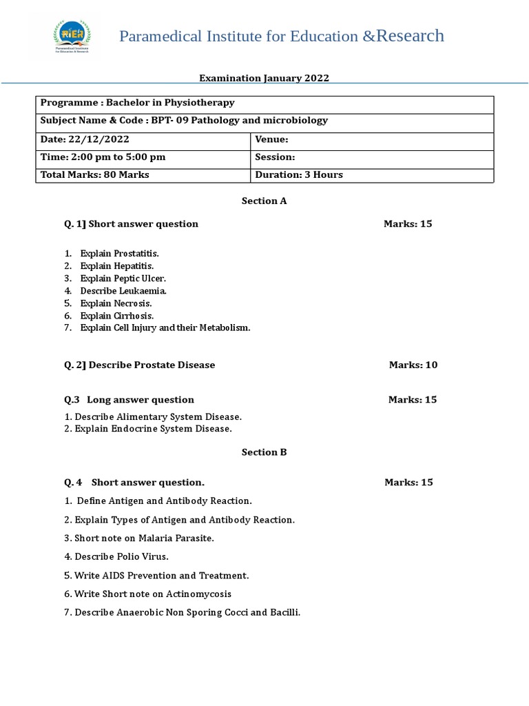 Sem 3 BPT Parhology and Microbiology Paper 2 (Question Paper) Rectify | PDF