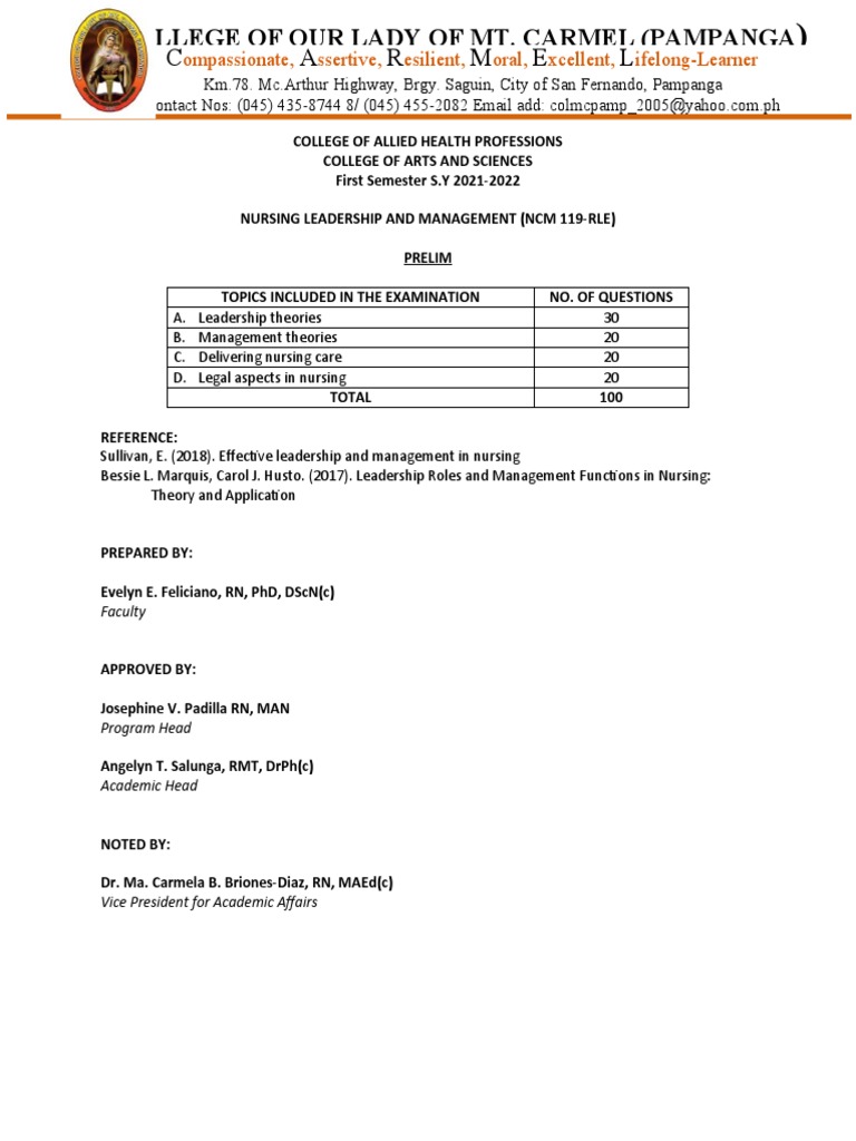 REVISED NCM 119 TOS RLE Prelim Exam Paper S1 21-22 | PDF | Leadership ...