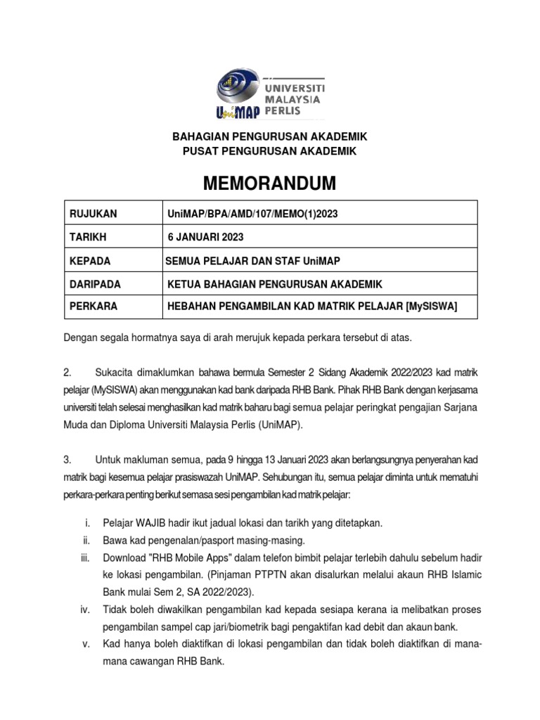 HEBAHAN PENGAMBILAN KAD MATRIK PELAJAR (MySISWA) - ADA JUMLAH | PDF