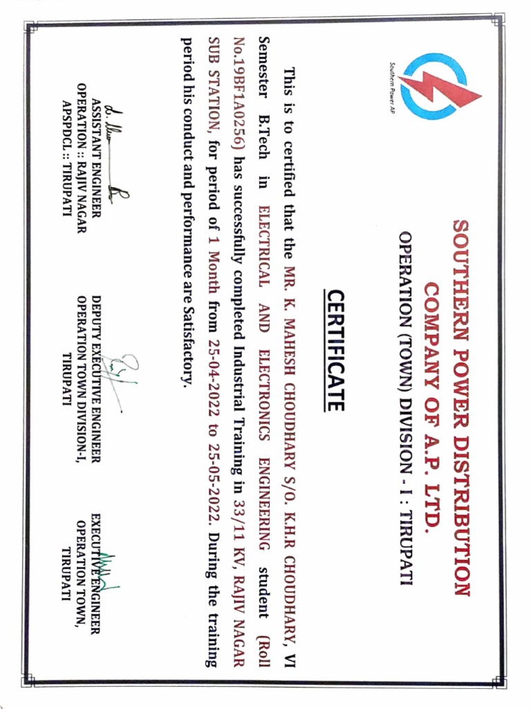 Southern Power AP certificate for B.Tech student industrial training | PDF