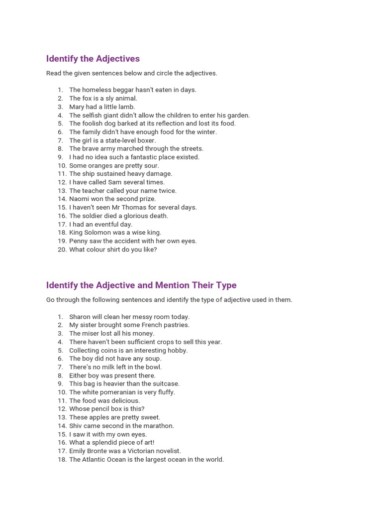 Identifying Adjectives in Sentences | PDF | Mystery, Thriller & Crime ...