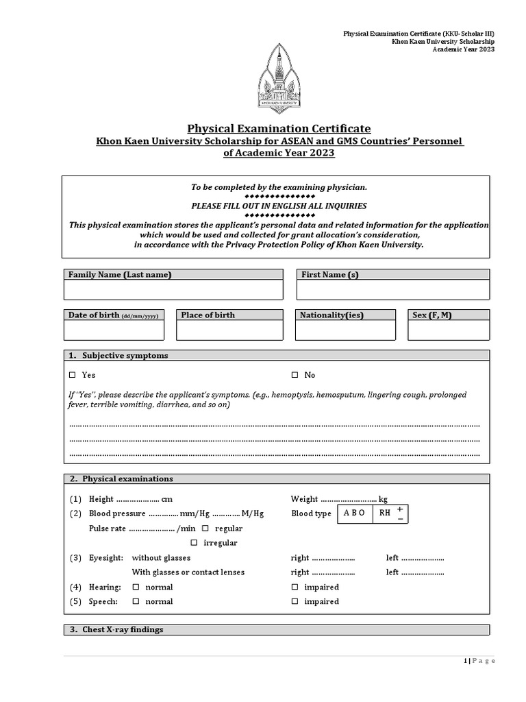 KKU Scholar III Physical Examination Certificate 2023 | PDF | Health Sciences | Epidemiology