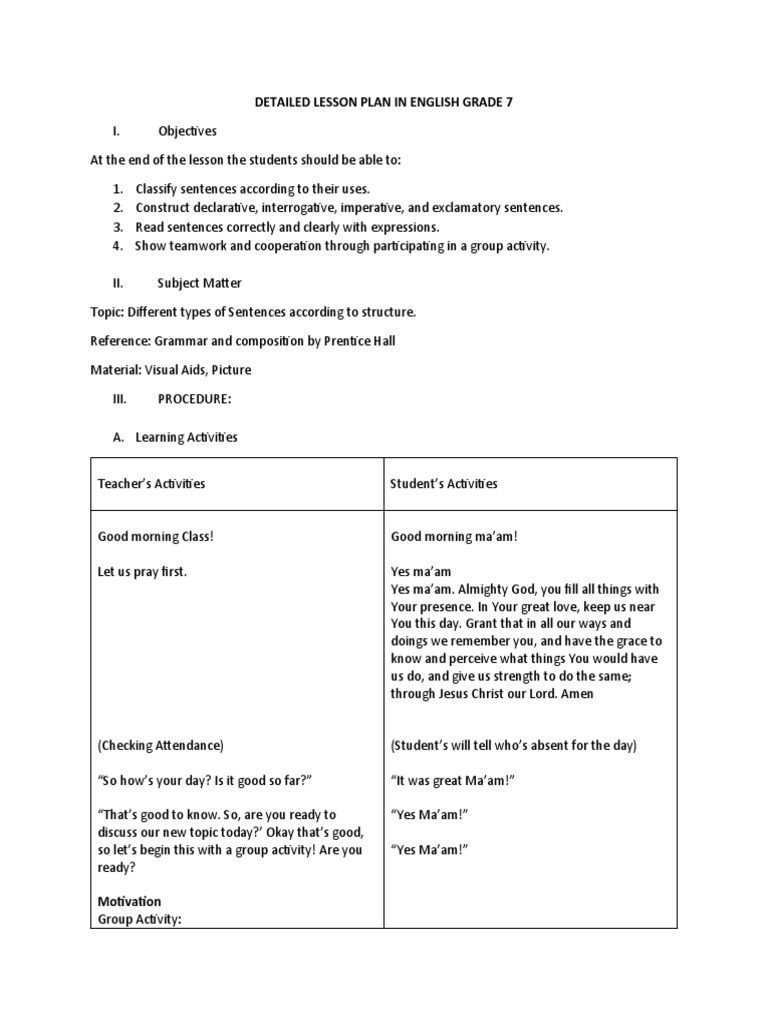 Grade 7 Lesson Plan: Types of Sentences | PDF | Question | Sentence ...