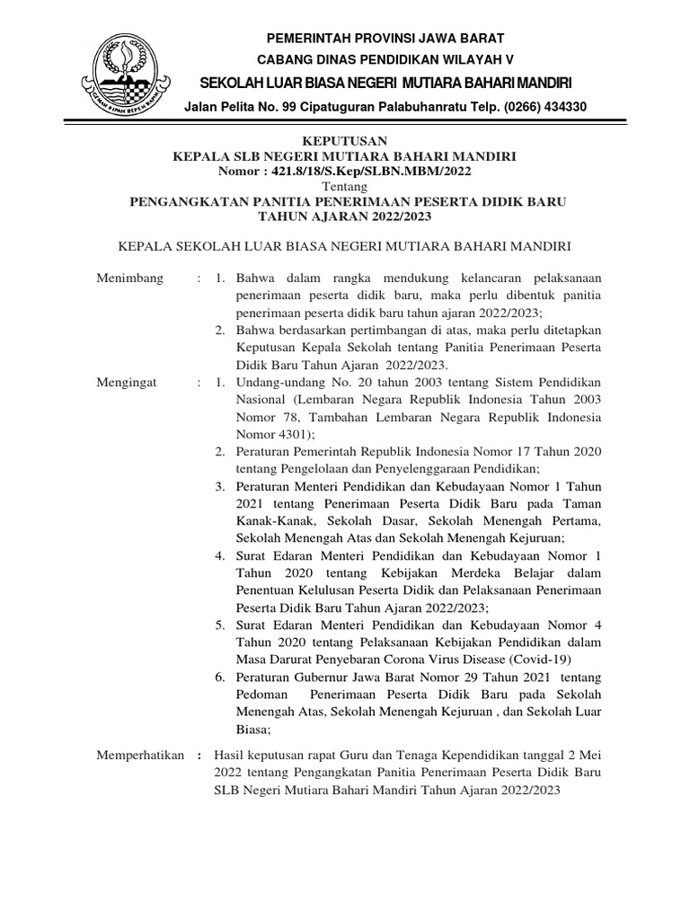 Pengangkatan Panitia PPDB SLB | PDF