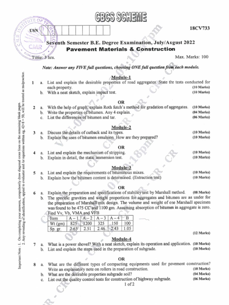VTU Question Paper of 18CV733 Pavement Materials - Construction June ...