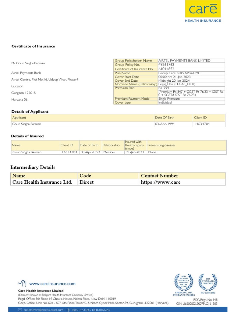 Intermediary Details Name Code Contact Number Care Health Insurance Ltd ...