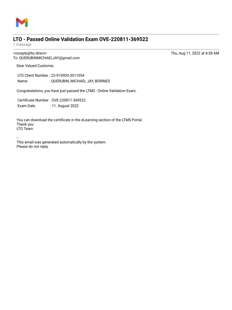 Gmail - LTO - Passed Online Validation Exam OVE-220811-369522 | PDF