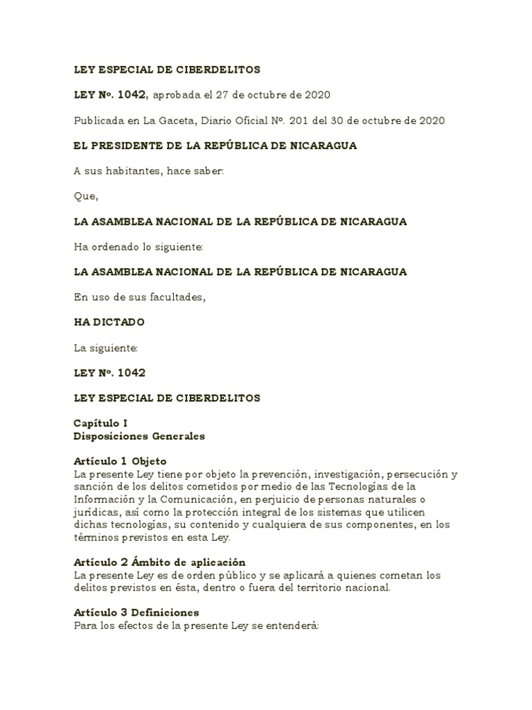 LEY No. 1042. - ESPECIAL DE CIBERDELITOS | PDF | Cibercrimen | Informática