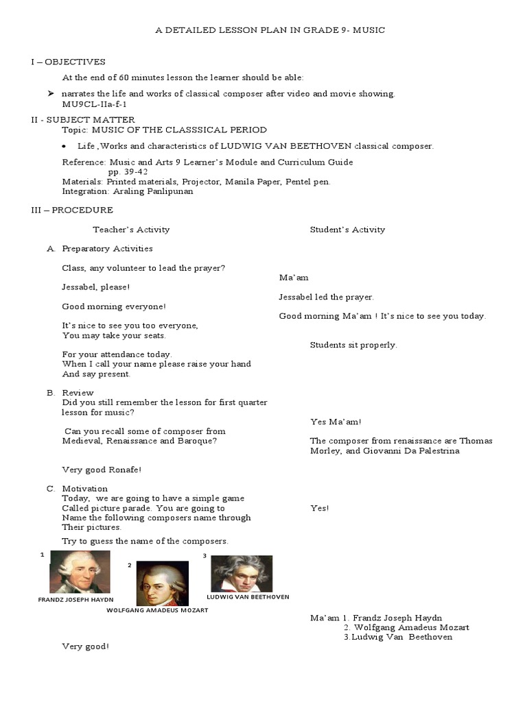 Second Quarter Lesson Plan-Music | PDF | Ludwig Van Beethoven ...