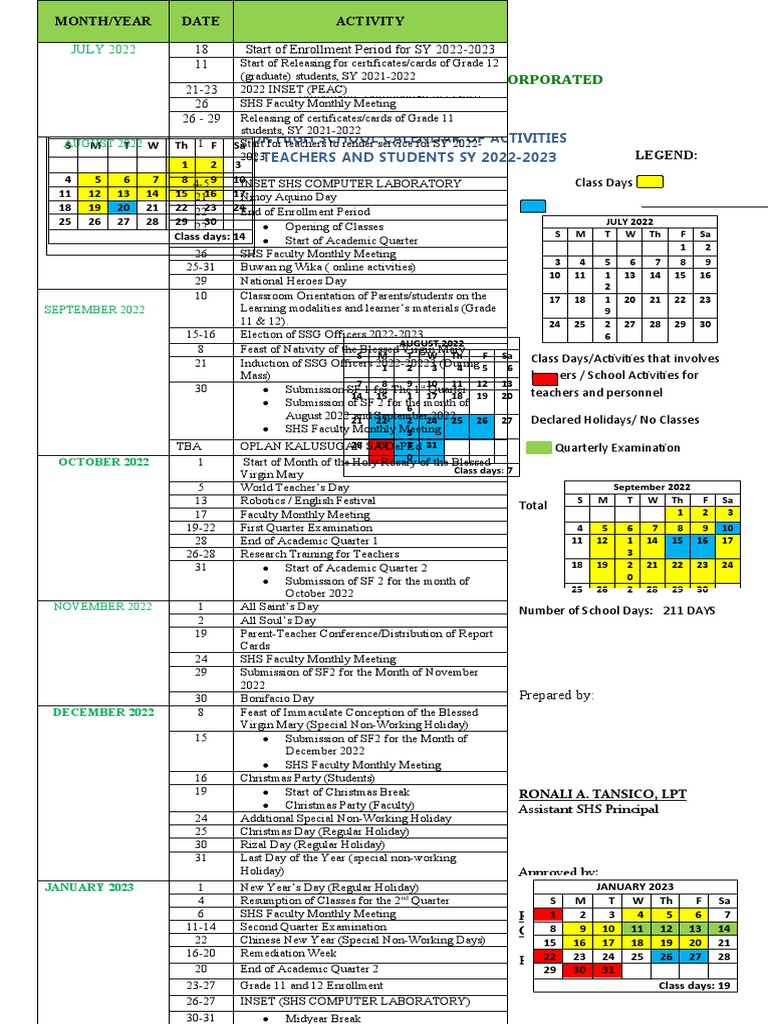 Calendar of Activities SY 2022 2023 | PDF