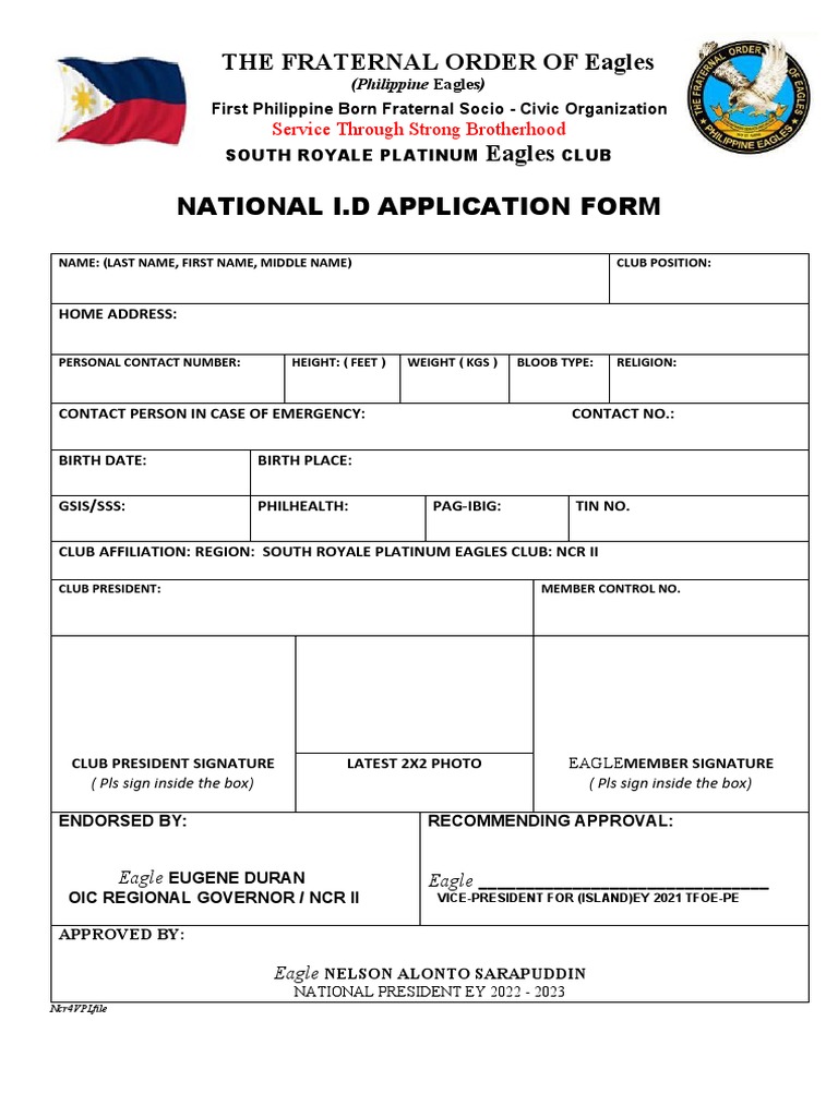 Id Form 2023 South Royale Platinum Eagles Club | PDF