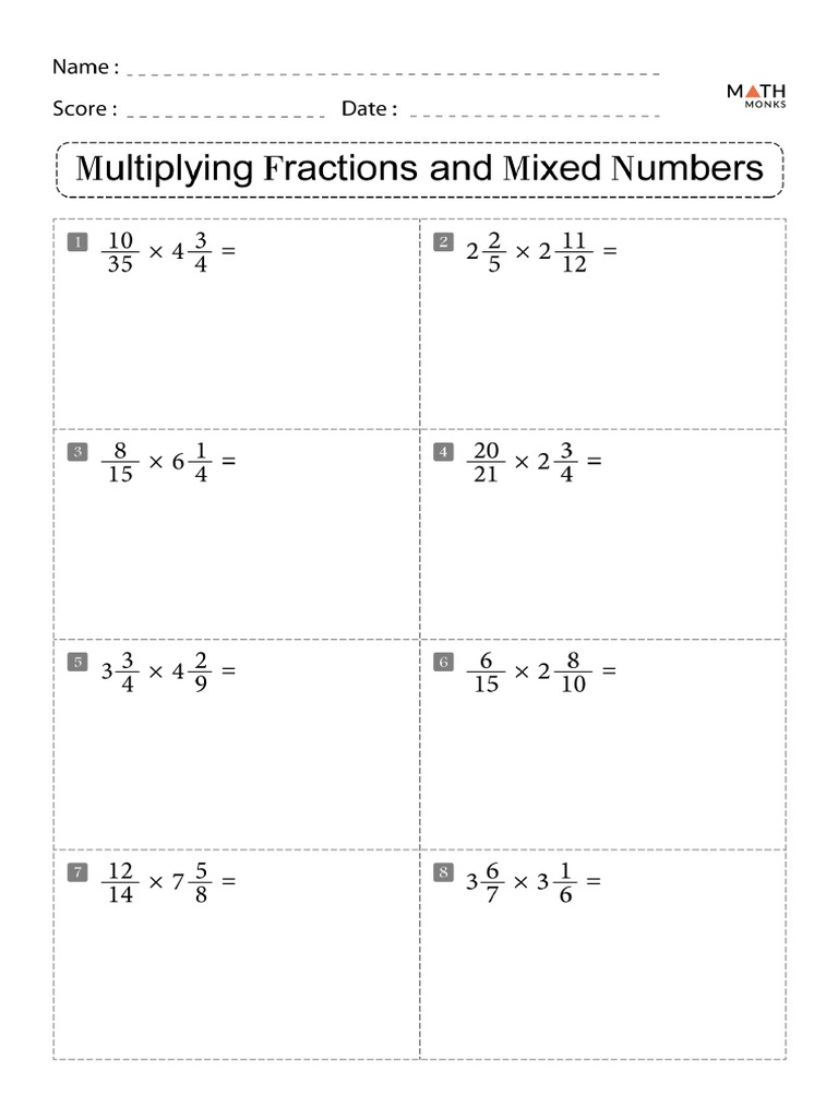 Multiplying Fractions and Mixed Numbers Worksheet | PDF