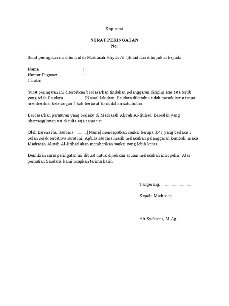 Contoh Surat Peringatan Karyawan Teguran | PDF