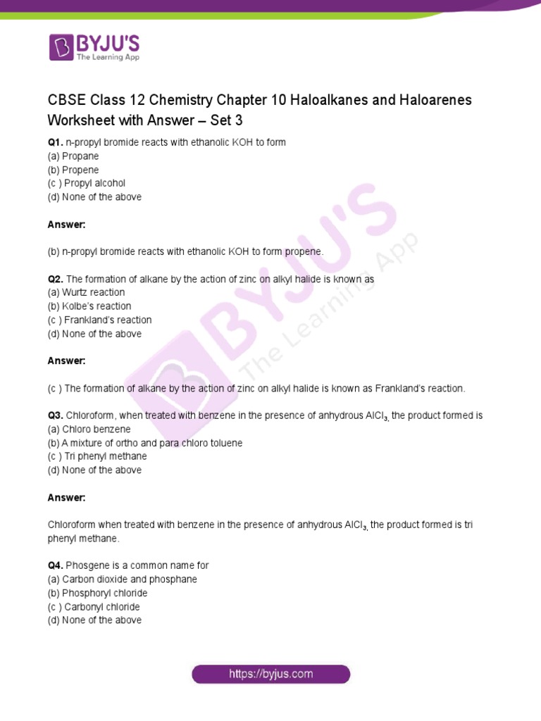 Chemistry Worksheets Class 12 On Chapter 10 Haloalkanes and Haloarenes ...