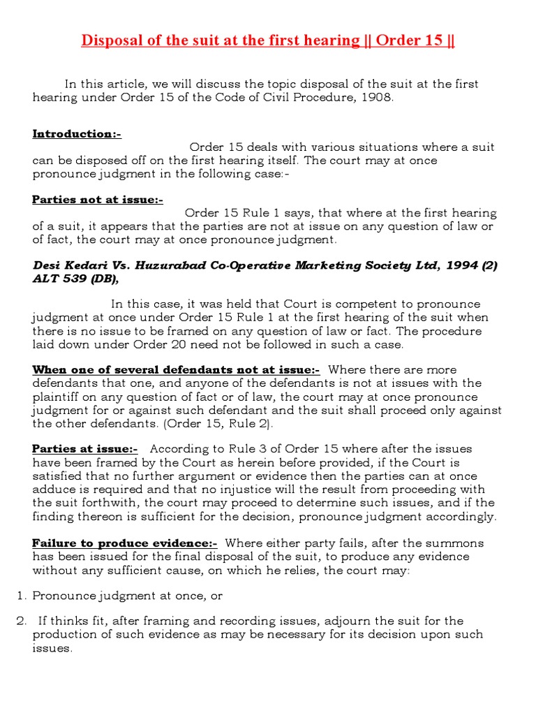 First Hearing Suit Disposal Under CPC | PDF | Social Science | Law