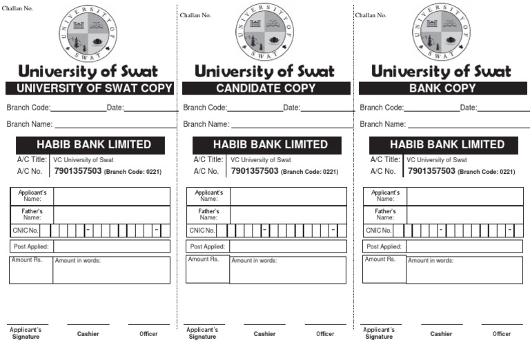 HBL Bank Deposit Slip For Main Campus | PDF