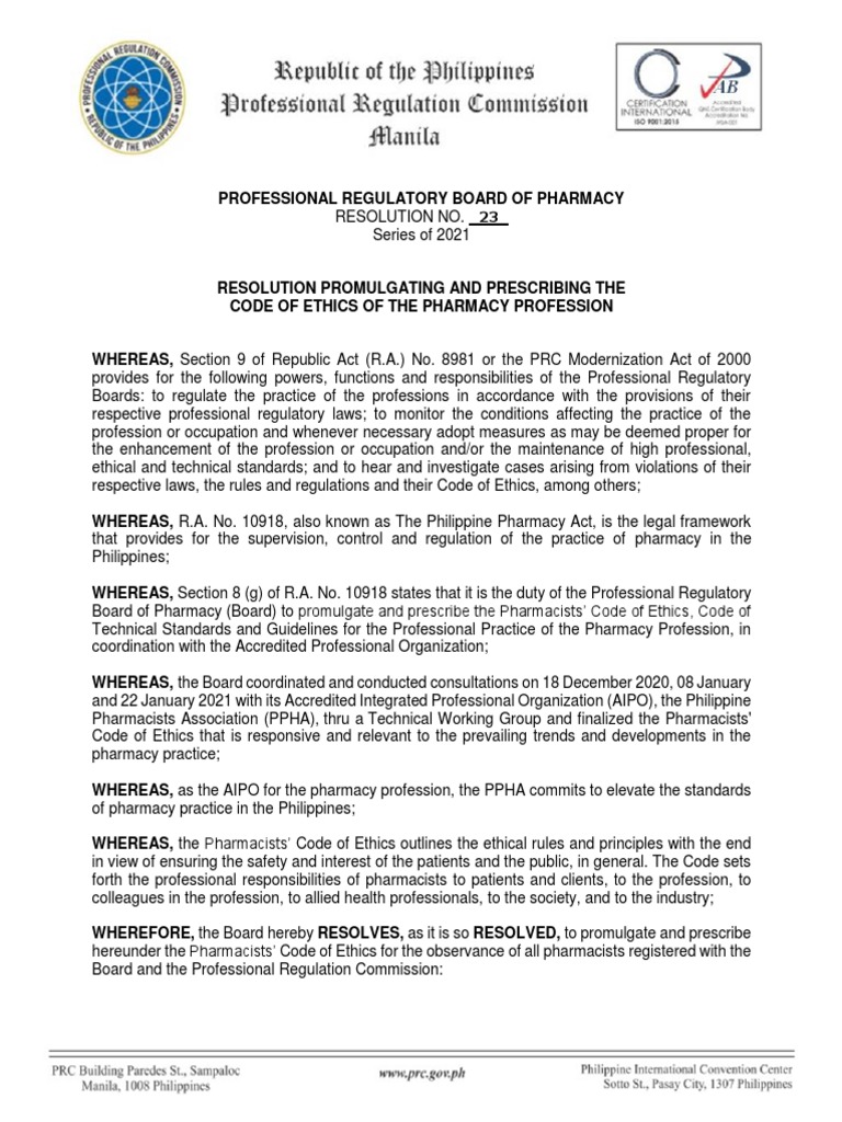 Philippine Pharmacists Code of Ethics | PDF | Pharmacist | Pharmacy