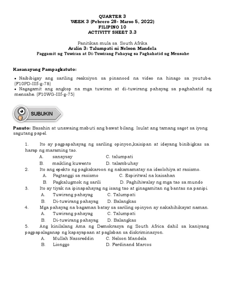 Q3W3 - Activity Sheet 3.3 - Talumpati Ni Nelson Mandela | PDF