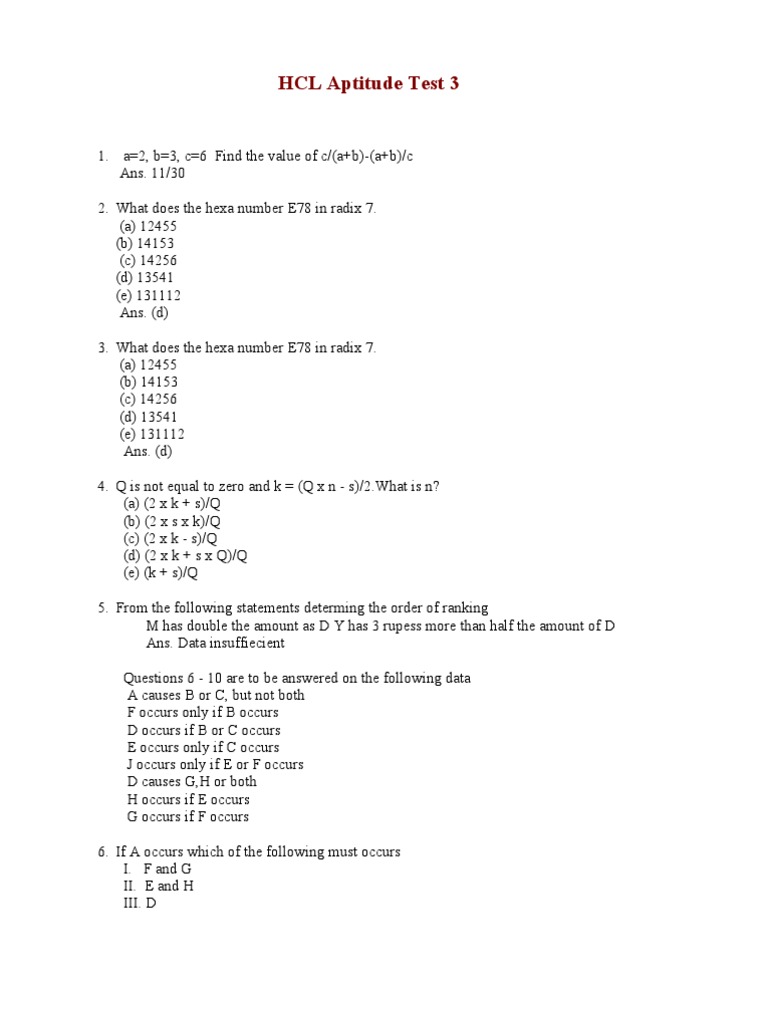 Entrance Exam Net Hcl Placement Sample Paper 3 Pdf C Programming Language