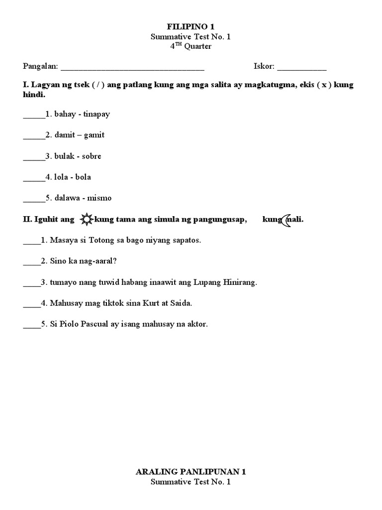 4th Quarter 1st Summative Test | PDF