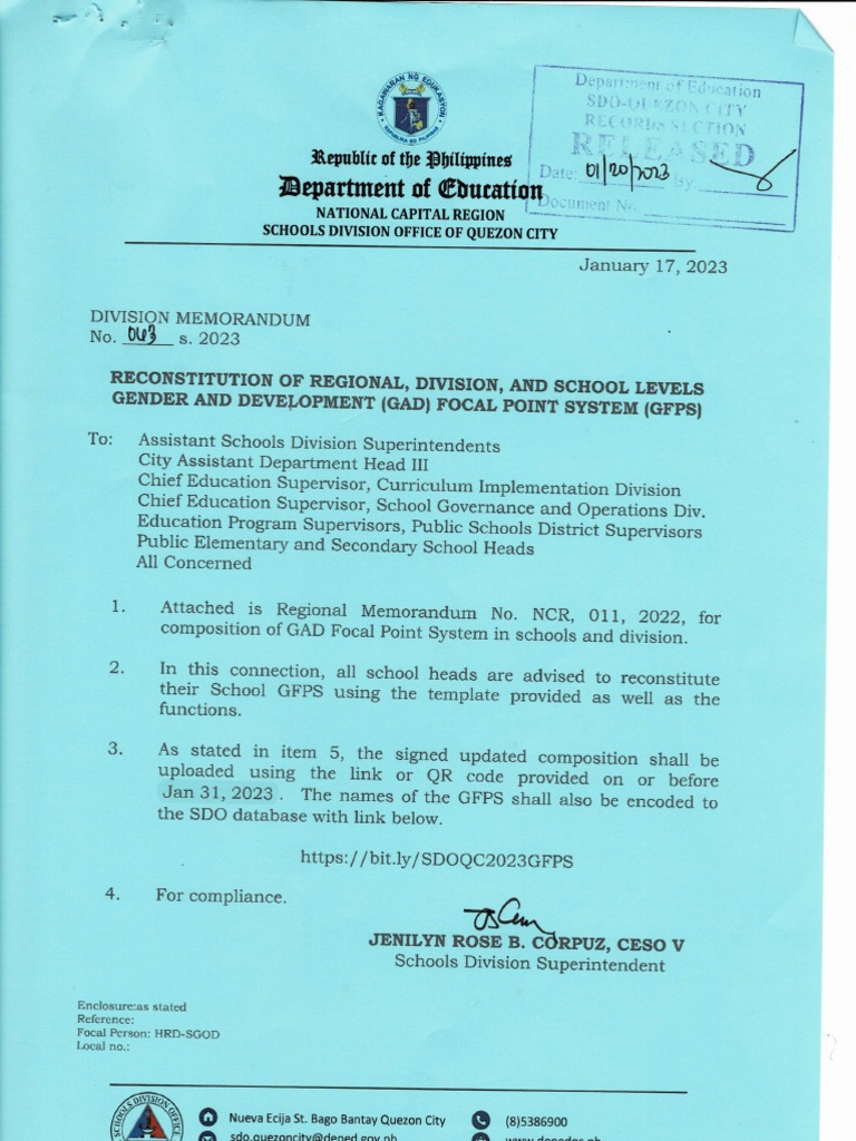 Reconstitution of Regional, Division, and School Levels Gender and ...