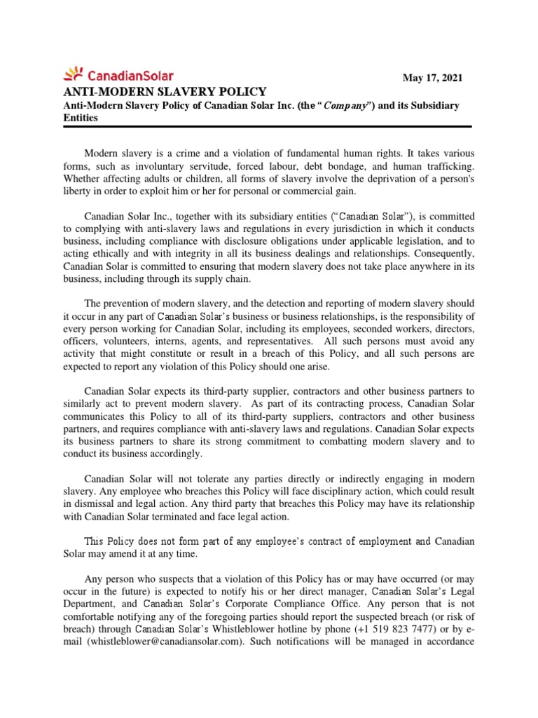 Anti Modern Slavery Policy | PDF
