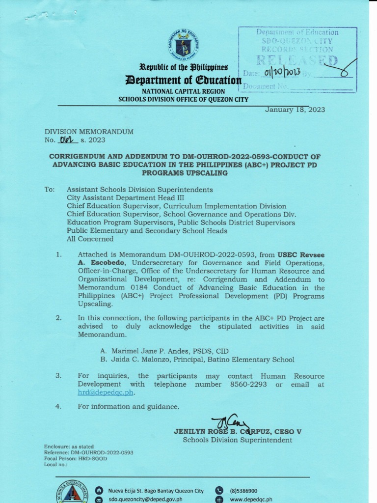 Corrigendum and Addendum To Dm-Ouhrod-2022-0593-Conduct of Advancing Basic Education in The ...