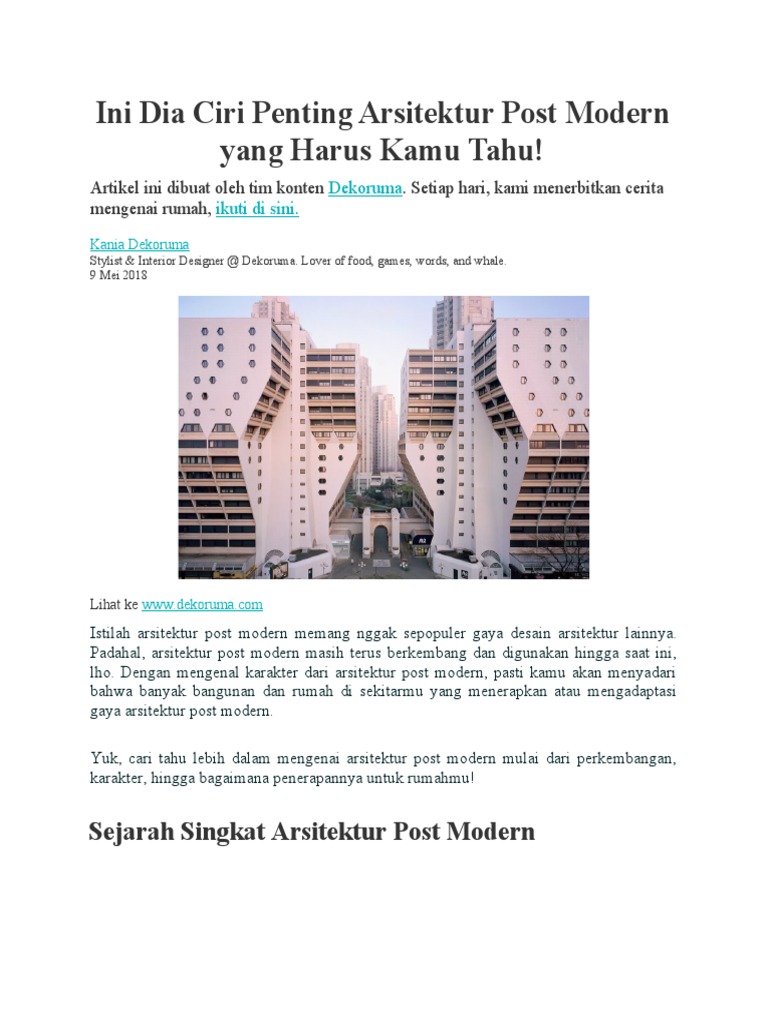 Ini Dia Ciri Penting Arsitektur Post Modern Yang Harus Kamu Tahu | PDF