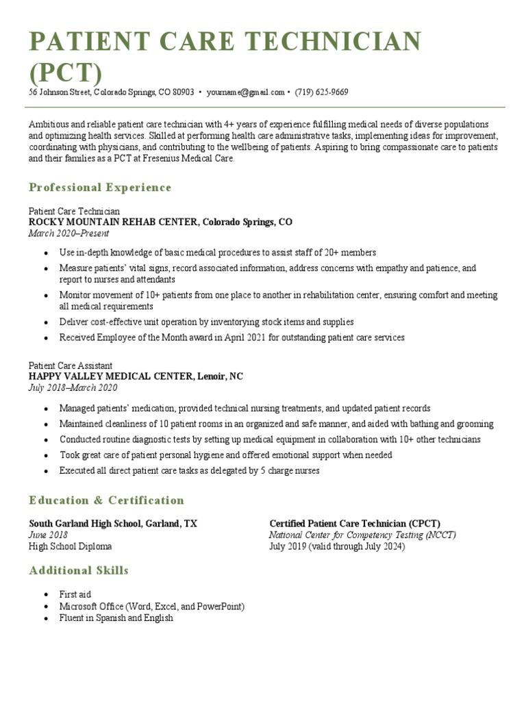 PCT Patient Care Technician Resume | PDF | Résumé | Health Care