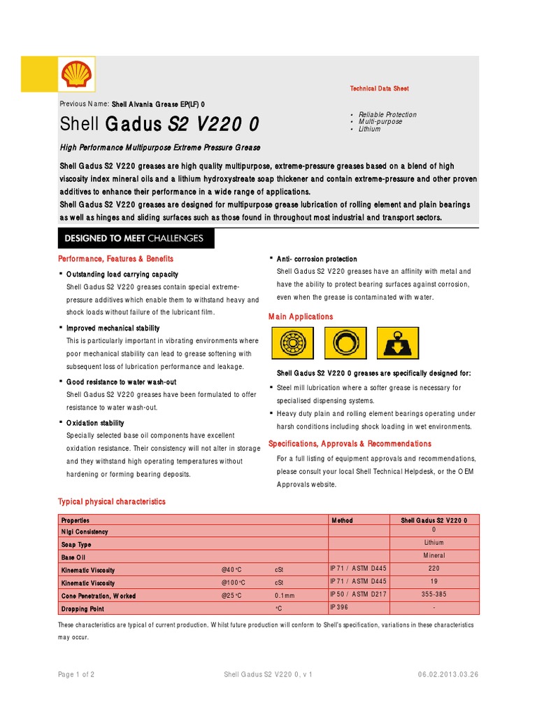 Shell Gadus S2 V220 0 Grease Datasheet | PDF | Lubricant | Bearing ...