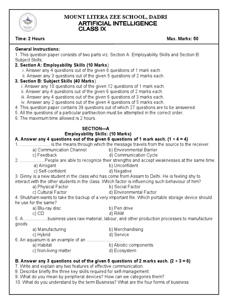 Class 9 AI Exam Paper Format | PDF | Teaching Methods & Materials | Art