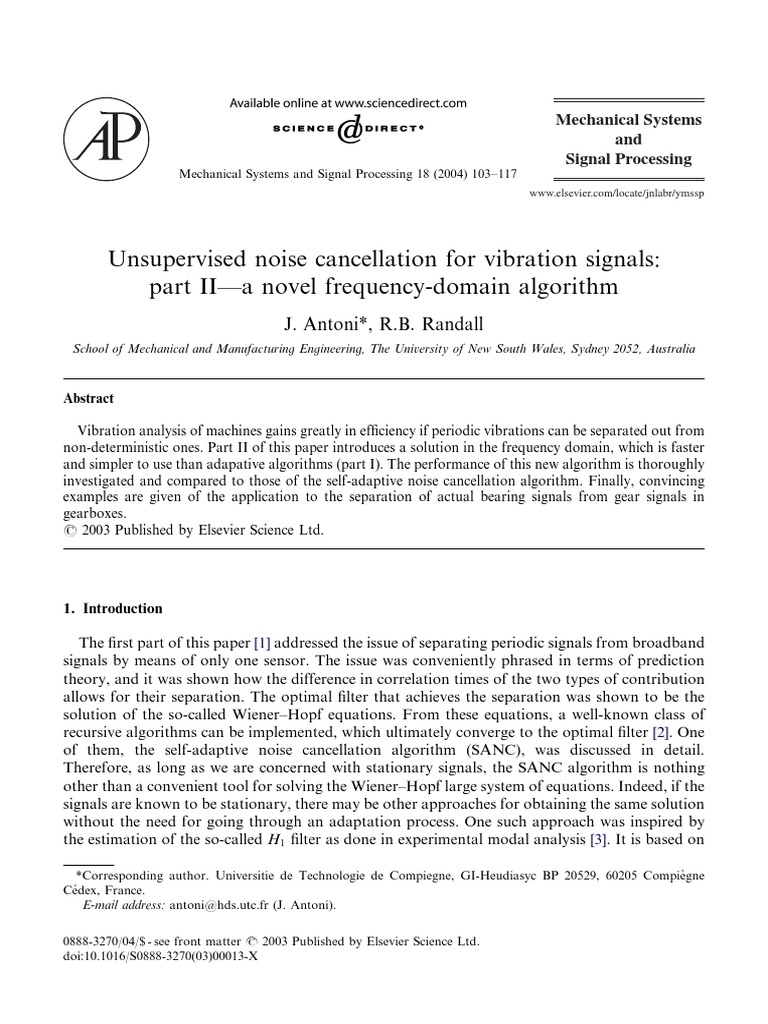 Unsupervised Noise Cancellation For Vibration Signals Part II A Novel Frequency-Domain Algorithm ...