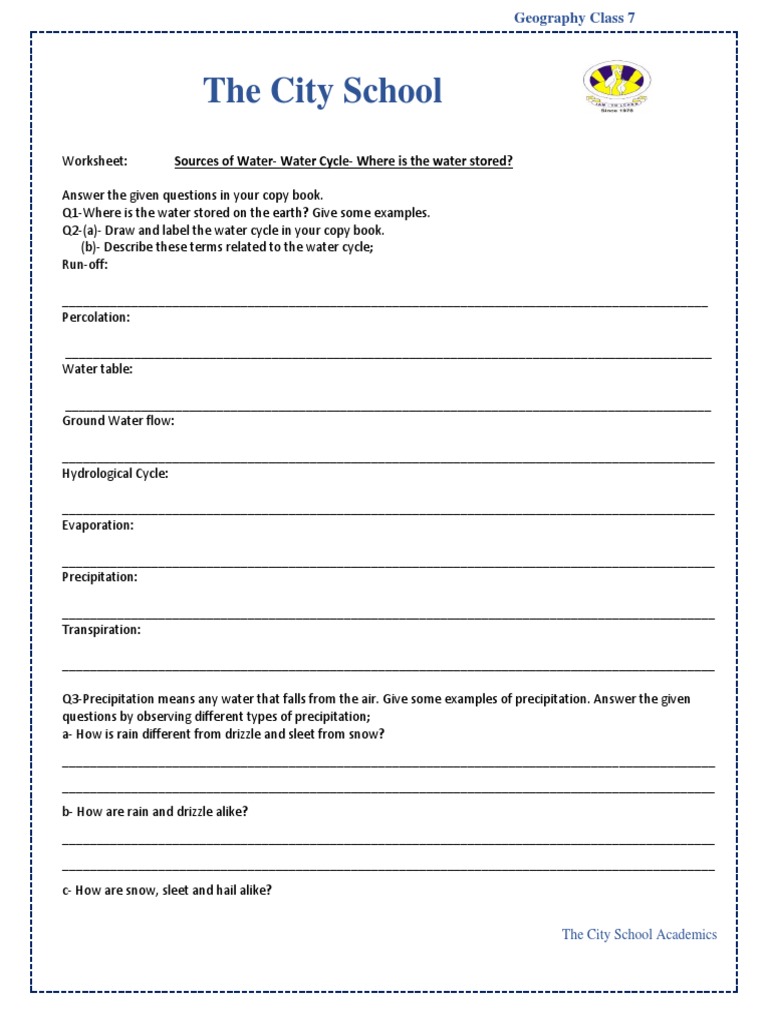 Worksheet-Sources of Water - Water Cycle - Where Is The Water Stored ...