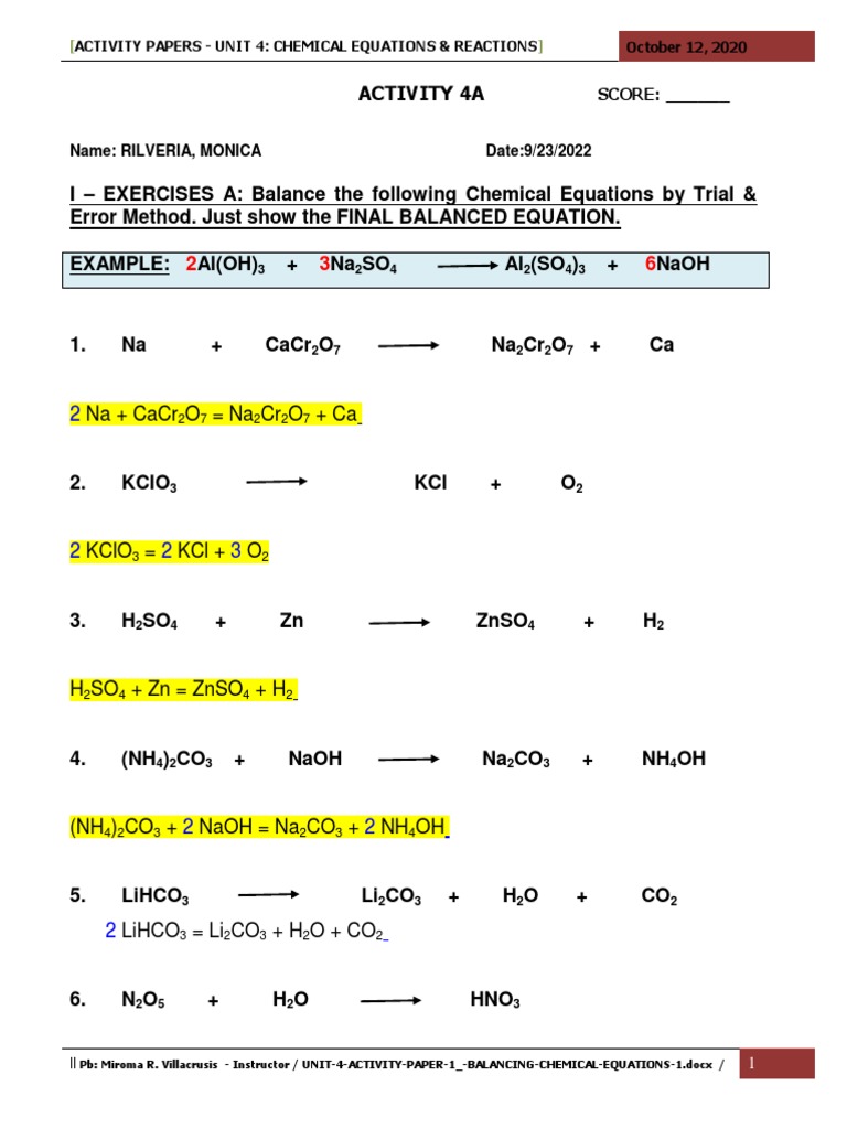 Unit 4 Activity Paper 1 Balancing Chemical Equations 1 | PDF | Teaching Methods & Materials ...