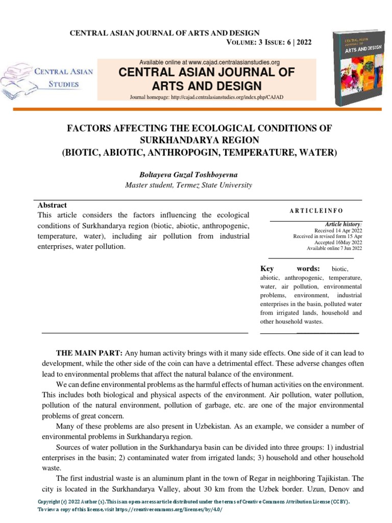 Factors Affecting The Ecological Conditions of Surkhandarya Region (Biotic, Abiotic, Anthropogin ...