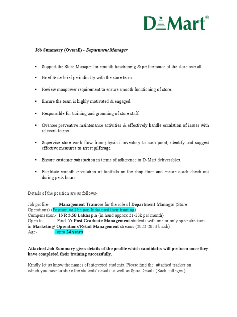 D-Mart Department Manager Job Overview | PDF