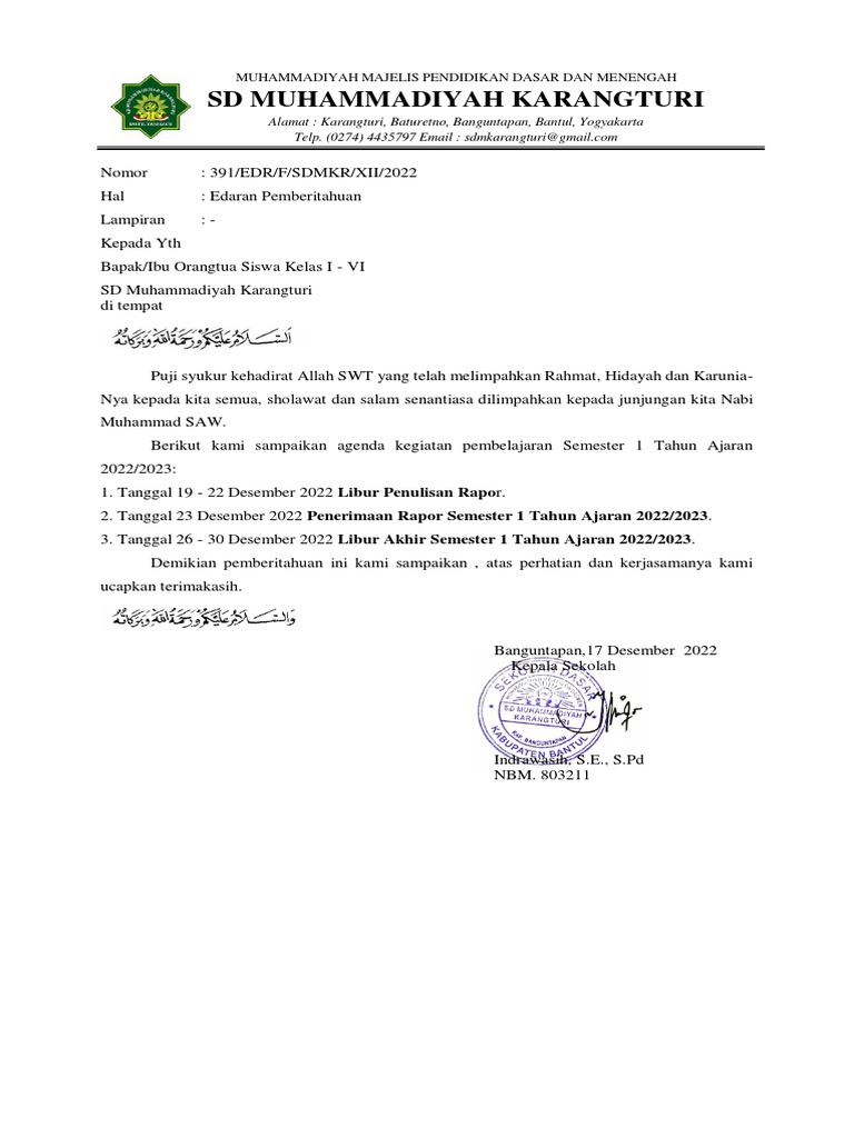 Surat Pemberitahuan Libur | PDF