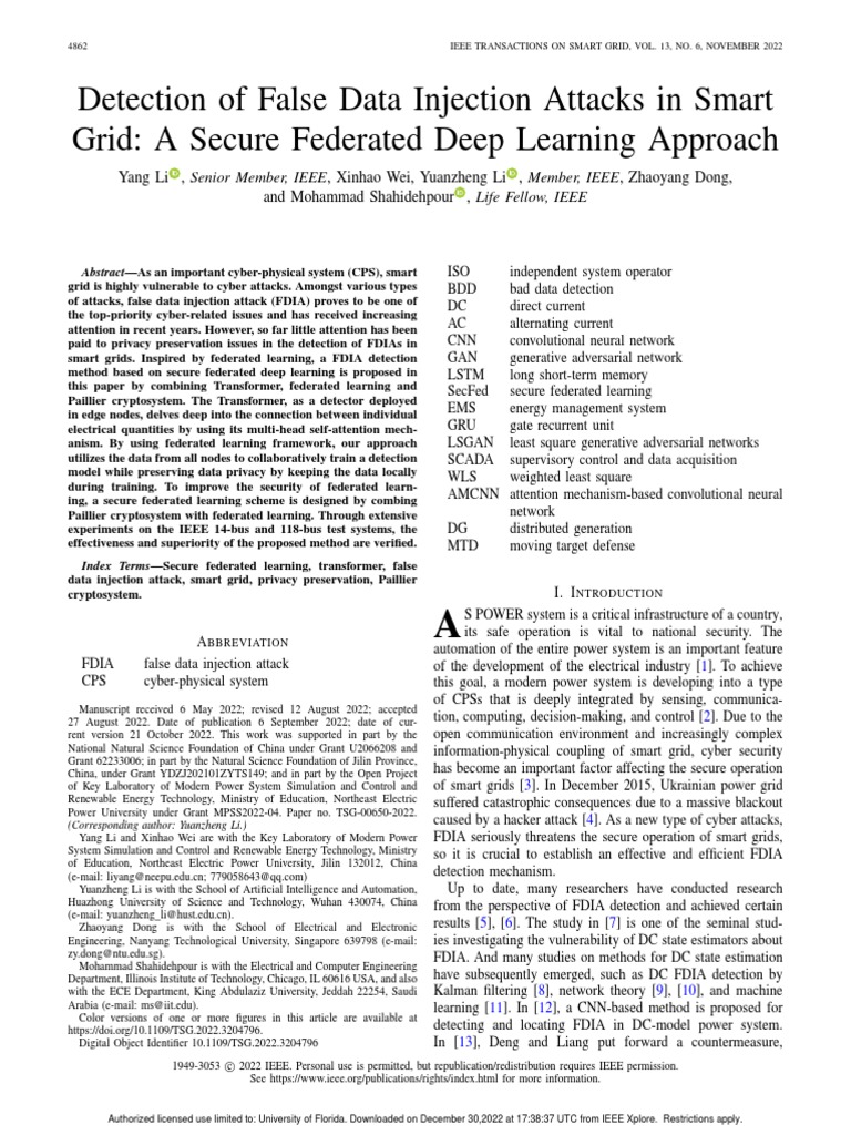 Detection Of False Data Injection Attacks In Smart Grid A Secure Federated Deep Learning