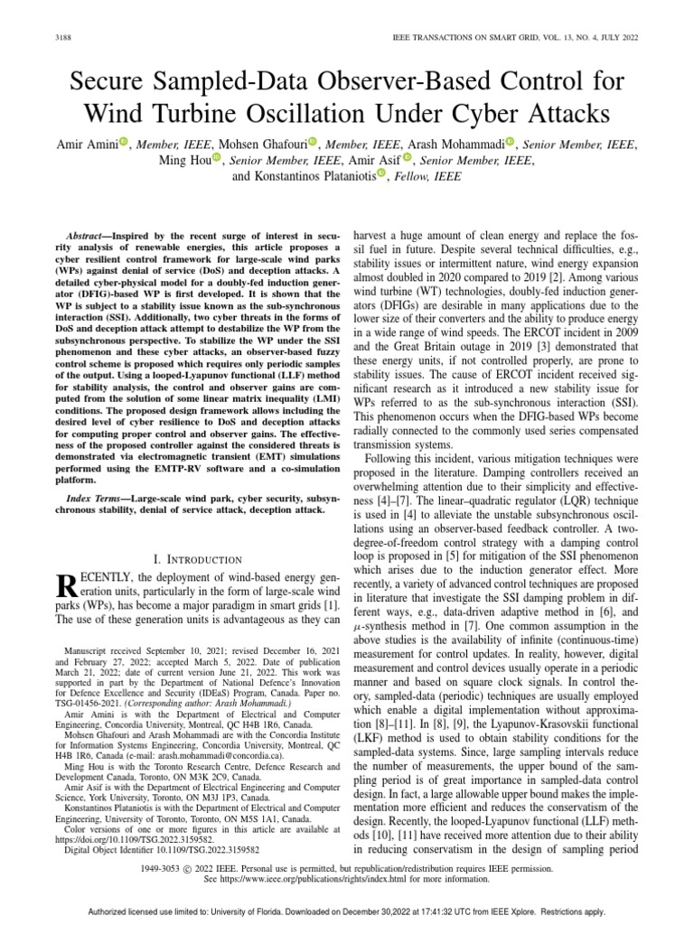 Secure Sampled-Data Observer-Based Control For Wind Turbine Oscillation Under Cyber Attacks ...