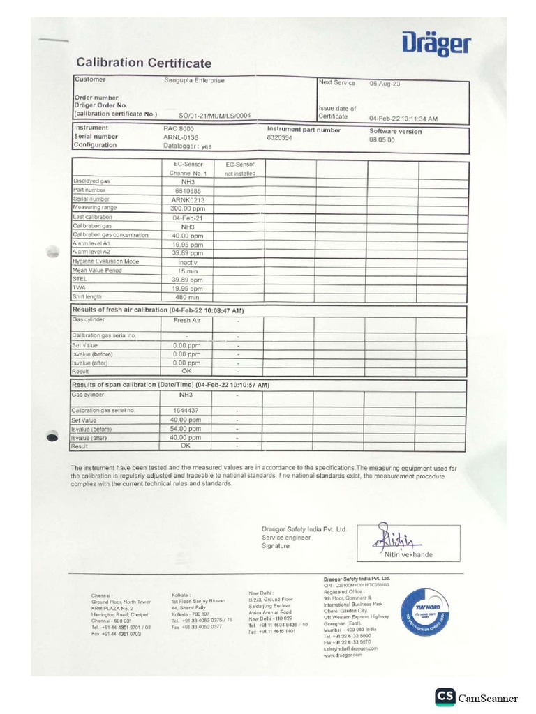 Calibration Certificate Ammonia Detector | PDF
