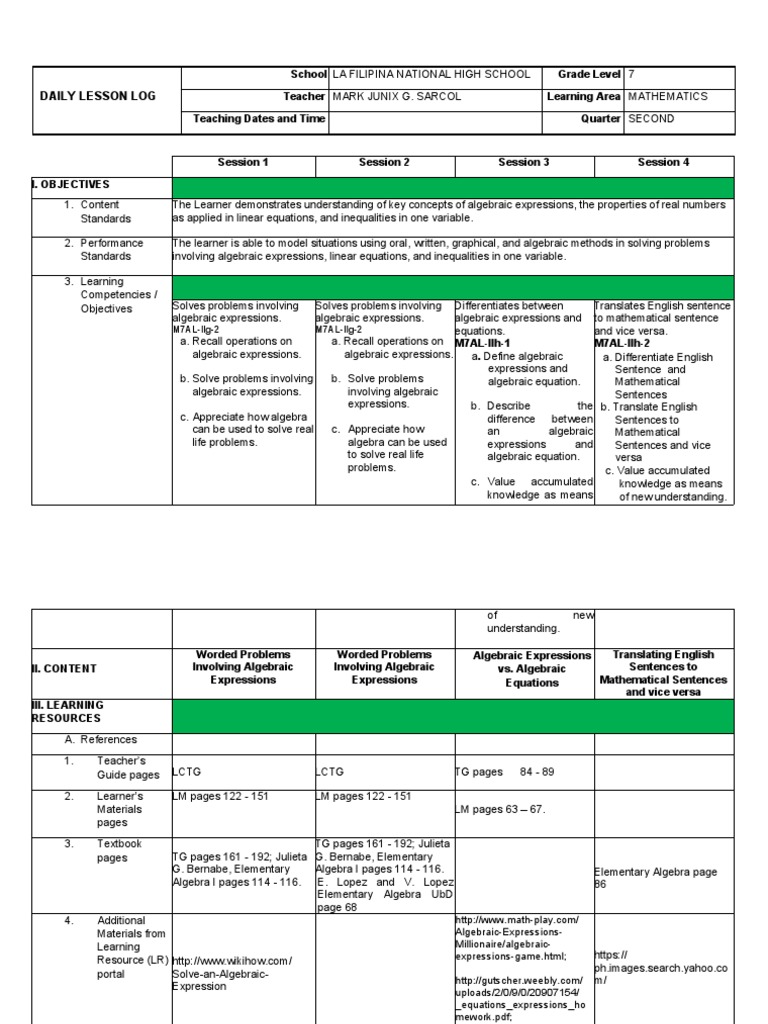 Grade 7 DLL 2nd Quarter WEEK 7 | PDF | Equations | Numbers