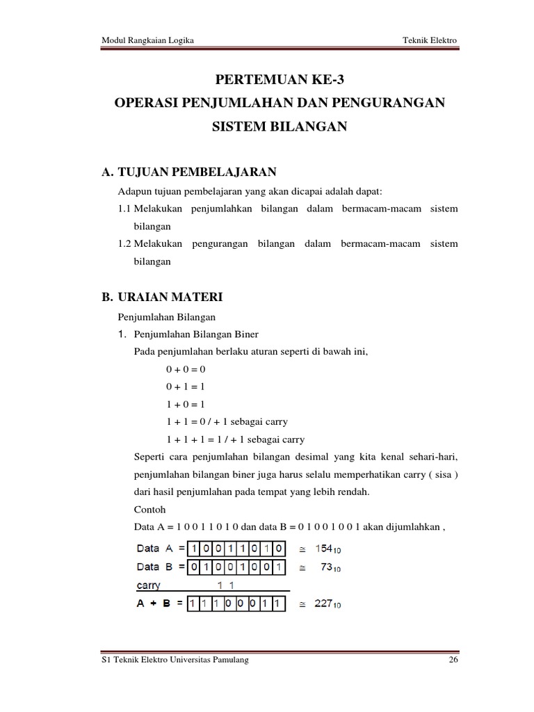 Pertemuan Ke-3 - Operasi Penjumlahan Dan Pengurangan Sistem Bilangan | PDF