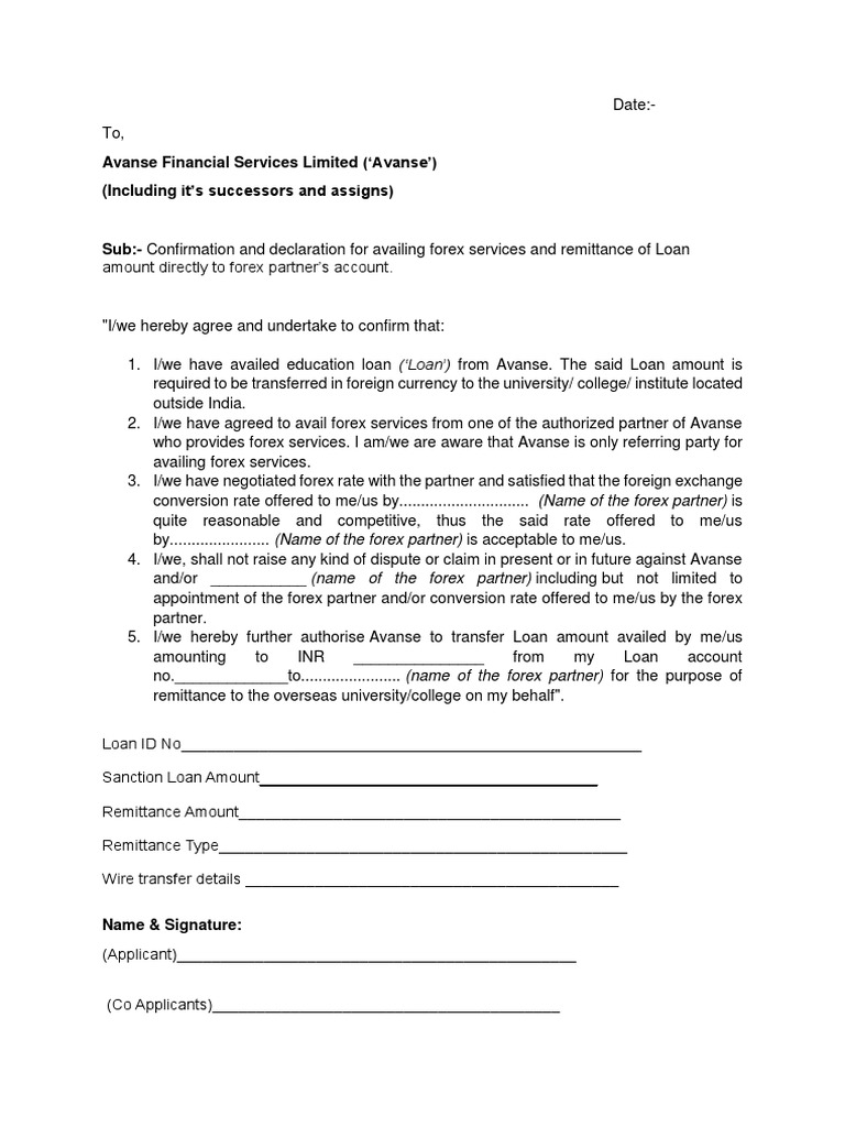 Forex Services Declaration for Avanse Loan | PDF | Finance & Money ...