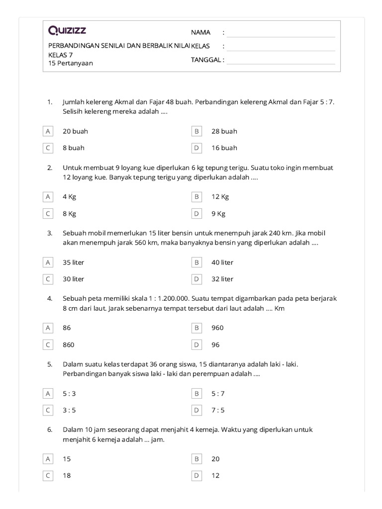 Perbandingan Senilai Dan Berbalik Nilai Kelas 7 | PDF