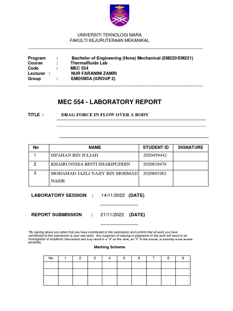 Lab 5-Drag Force in Flow Over A Body | PDF | Drag (Physics) | Fluid ...