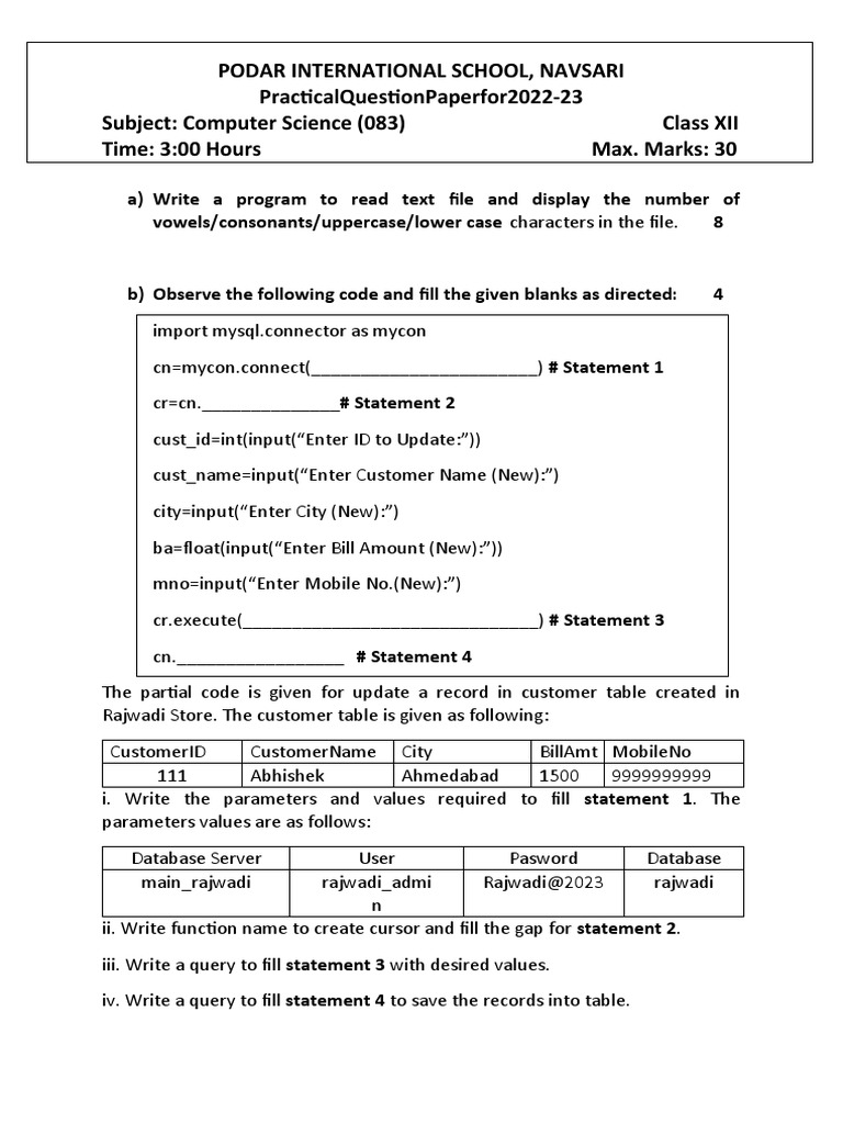 Computer Science Practical Exam 2022-23 | PDF