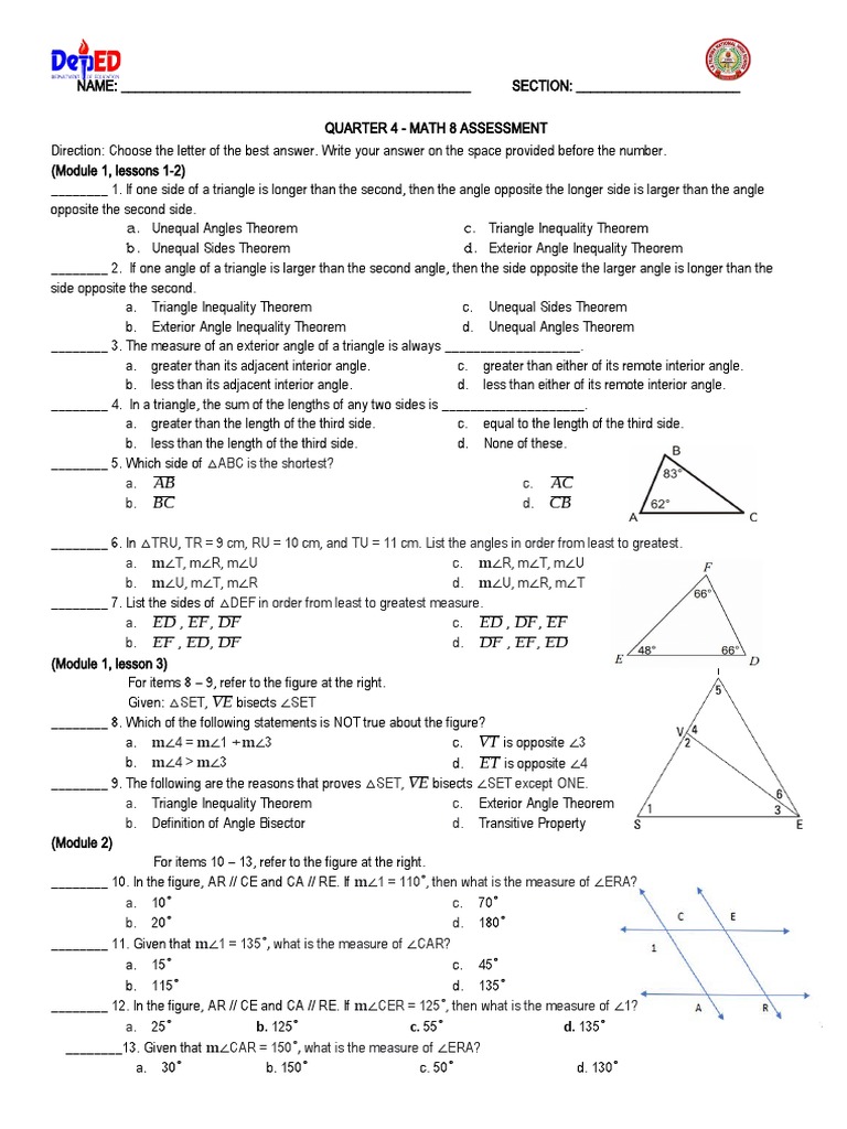 G8 4th Quarter Assessment | PDF | Triangle | Mathematics