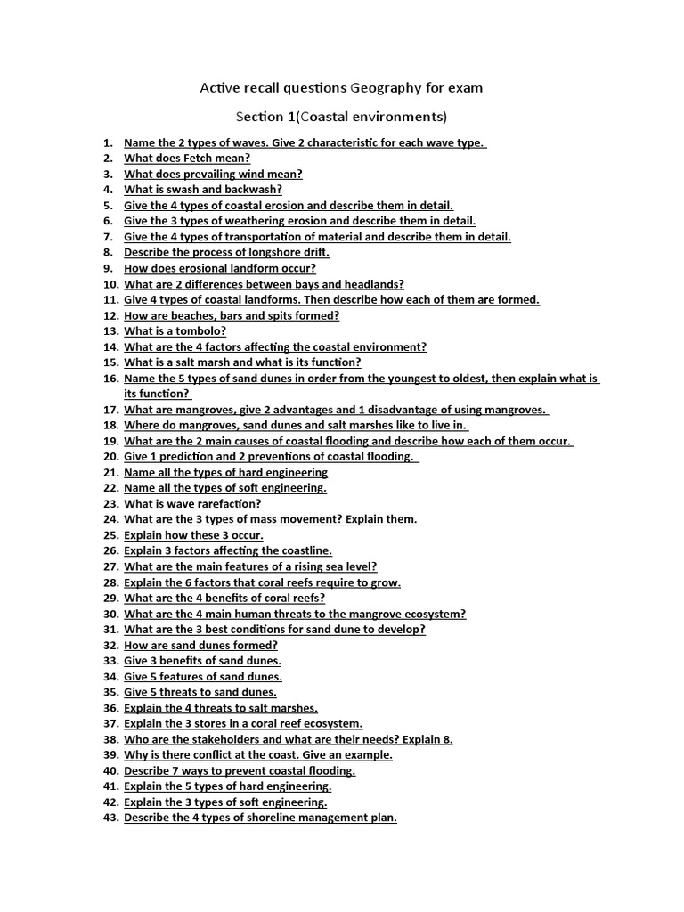 Active Recall Questions Geography For Exam | PDF | Coast | Earthquakes
