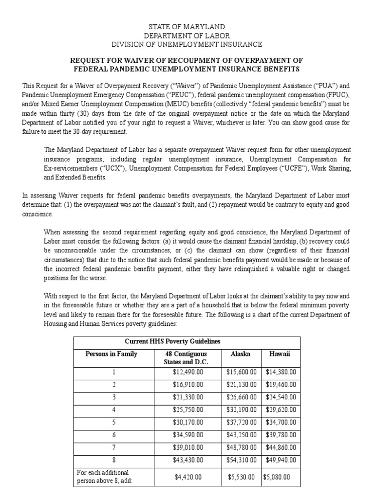 PUA Overpayment Waiver Request | PDF | Banks | Unemployment Benefits