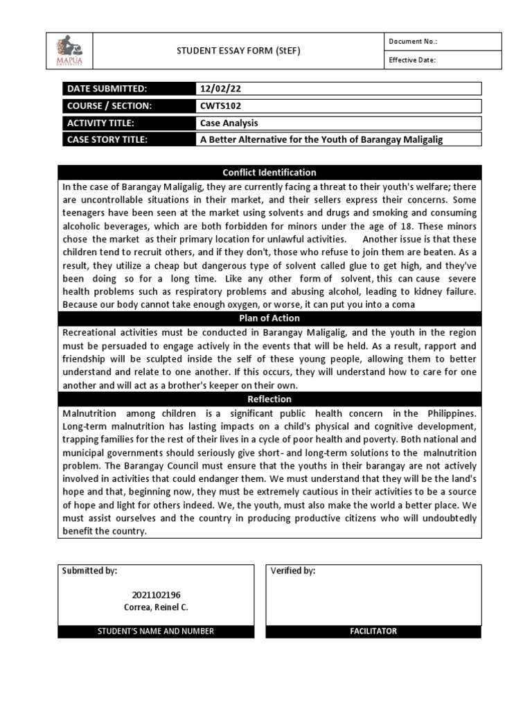 Case Analysis Essay #4 A Better Alternative For The Youth of Barangay Maligalig | PDF ...